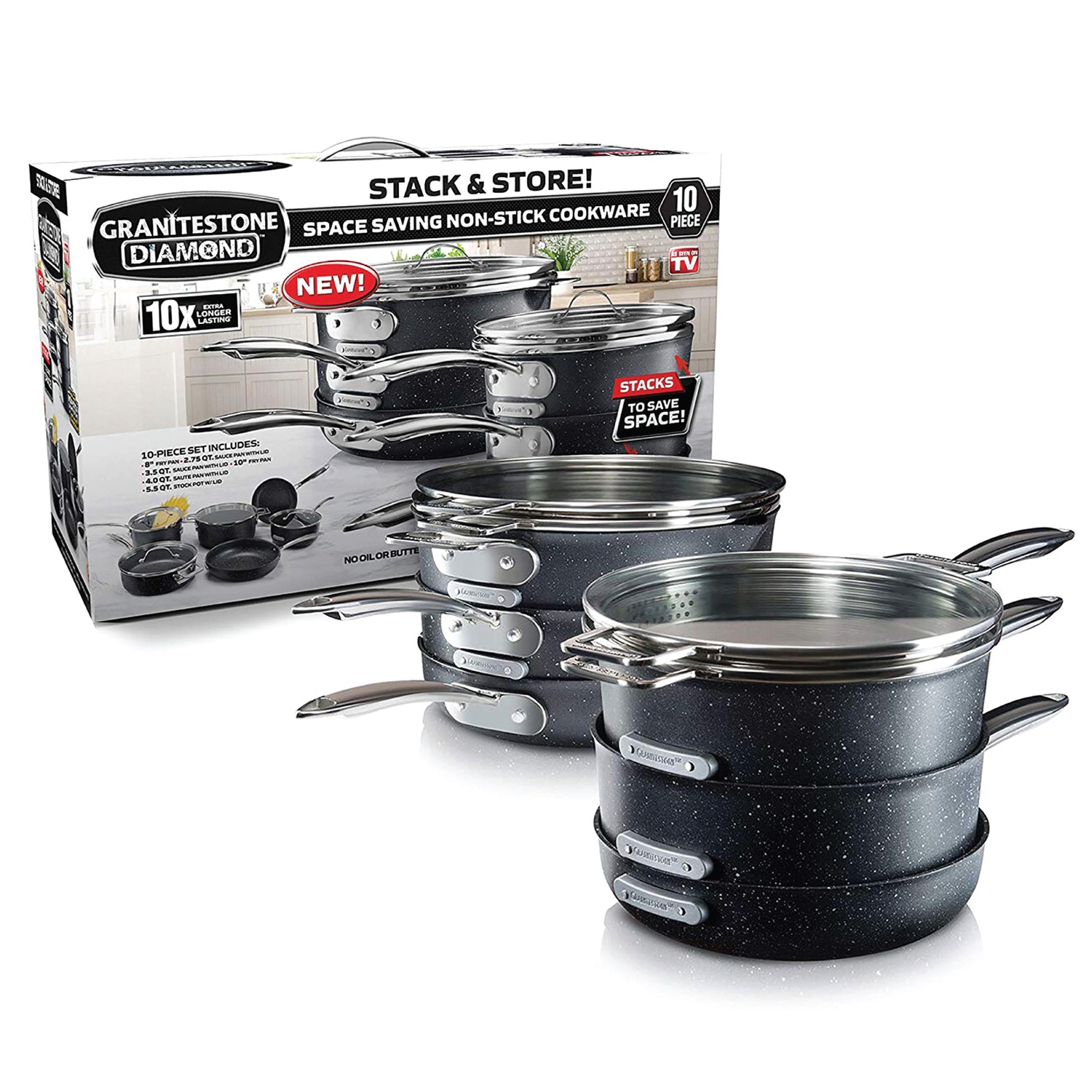 Granitestone Diamond Stackmaster 10-Piece Space-Saving Cookware Set ...